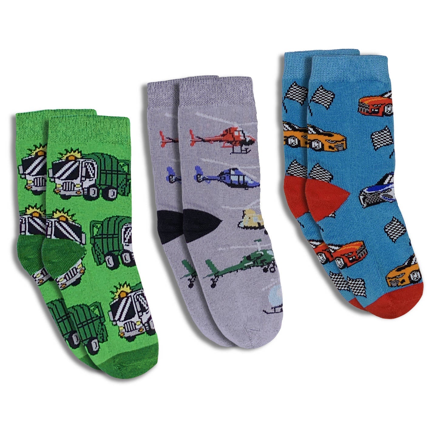 Trucks, Helicopters and Race Cars Kids Socks – Good Luck Sock